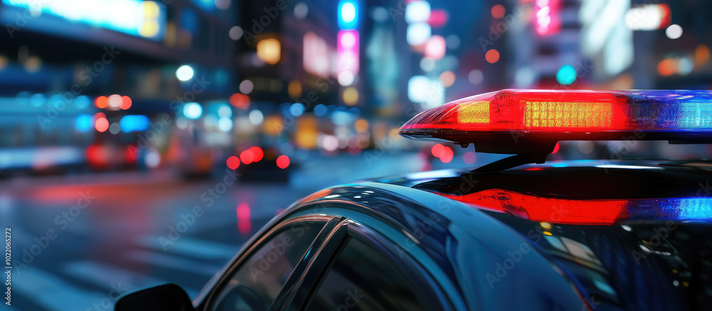 red and blue signal lights on the roof of a police car on a blurred ...