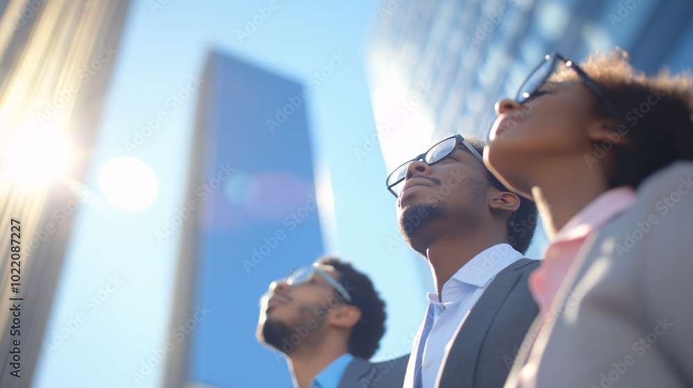 Three Colleagues Gazing at Skyscrapers, career-focused professionals ...