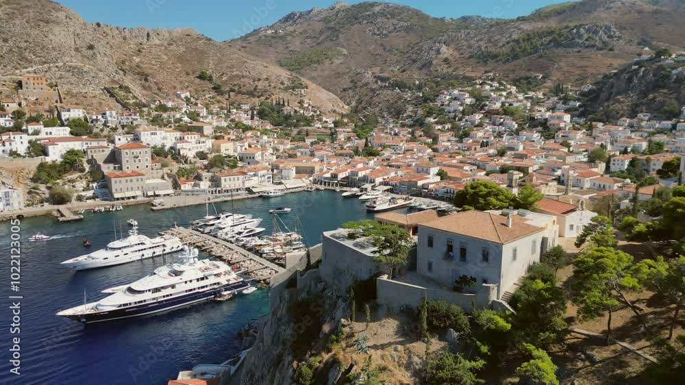 Stunning aerial drone footage of Hydra featuring a low flight moving ...