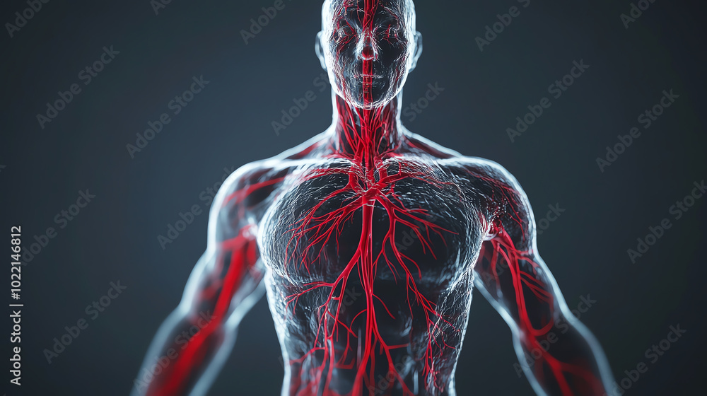 3D illustration of human anatomy showcasing the circulatory system with ...