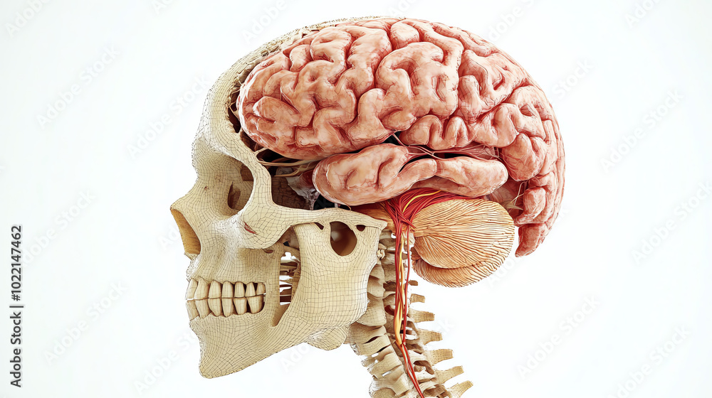 A detailed anatomical model of a human skull showcasing the brain ...