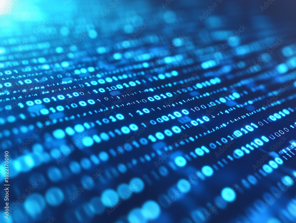 Binary Code Data Stream on Blue Digital Background, Technology, Cybersecurity, Big Data Analysis ...