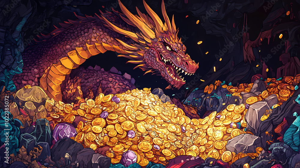 Cartoon cute doodles of a fearsome dragon ruling over a vast treasure hoard deep within the ...