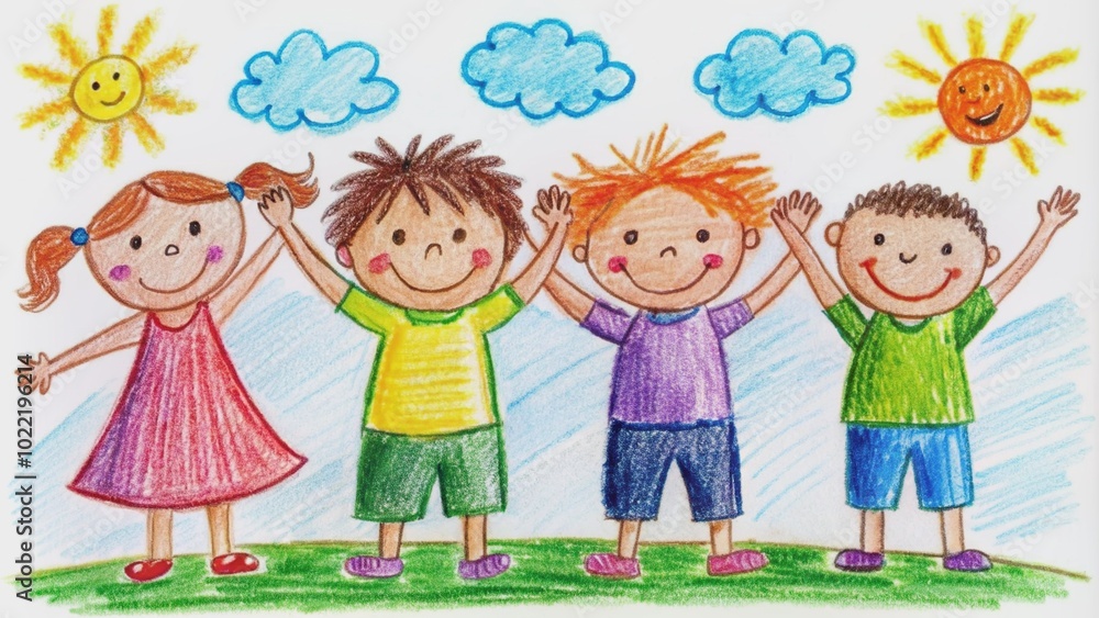 Vibrant colorful childlike drawing depicts joyful friendship scene with ...