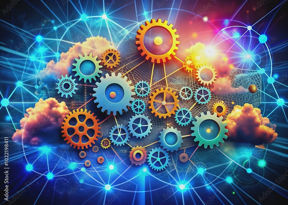 Vibrant digital illustration of interconnected gears and clouds ...