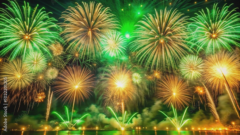 Vibrant green fireworks burst in the night sky, surrounded by golden ...