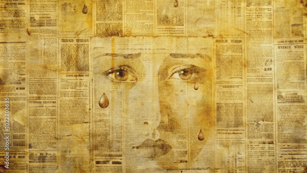 Distressed, worn, and yellowed newspaper print background with visible ...