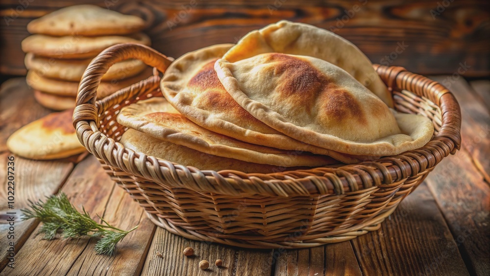 Freshly baked pita bread arranged artfully in a wicker basket, soft ...