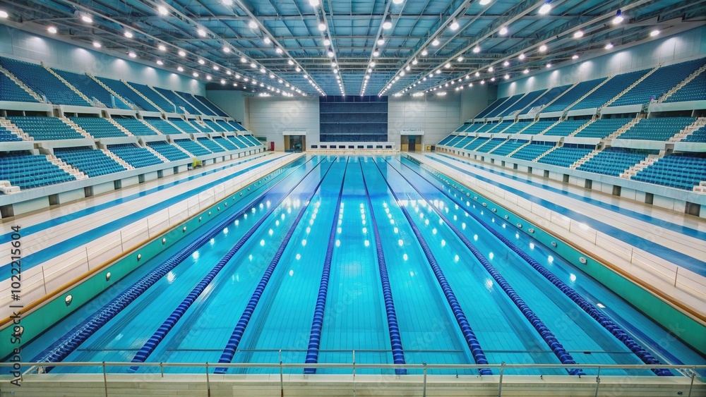 Sparkling turquoise water fills a sleek, modern Olympic-sized swimming ...