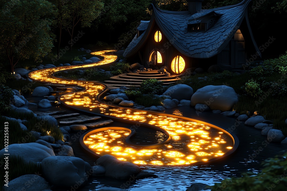 Fantasy depiction of a futuristic rural water system where rivers flow ...
