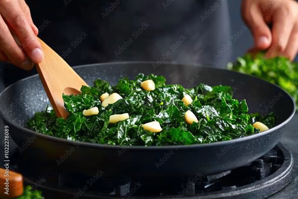 Realistic depiction of a chef sautÃ©ing leafy greens with garlic and ...