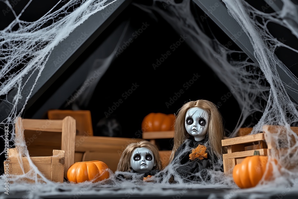 Realistic image of a dark, cobweb-filled attic decorated for Halloween ...