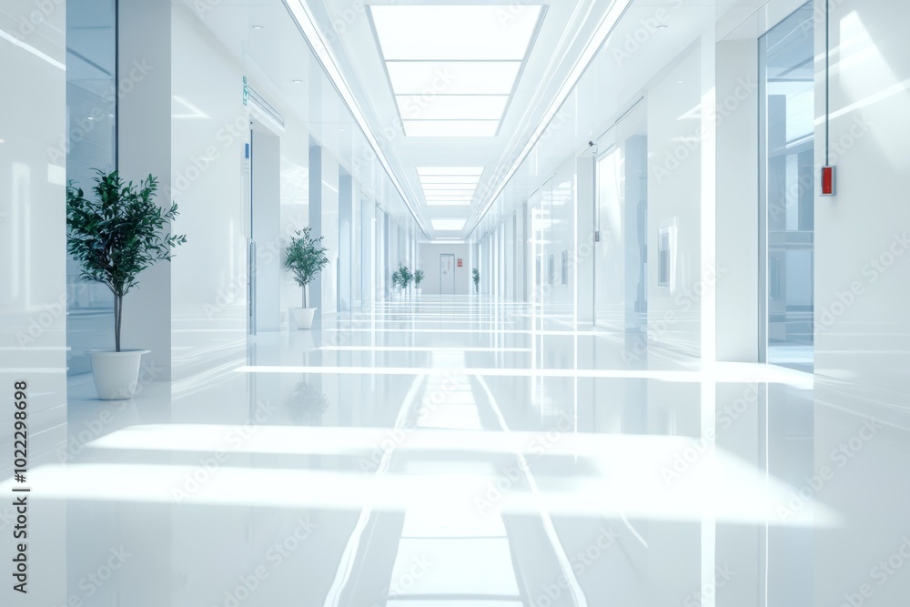 Clean and sterile hospital corridor featuring bright white floors and ...