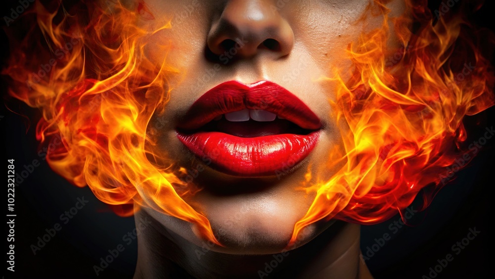 Dynamic banner displaying women's lips enveloped in fiery flames ...