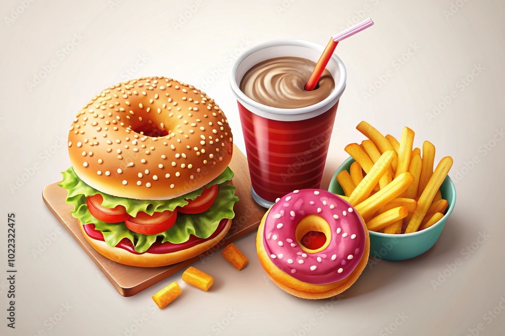 Enjoy a playful vector illustration of an appetizing fast food combo ...