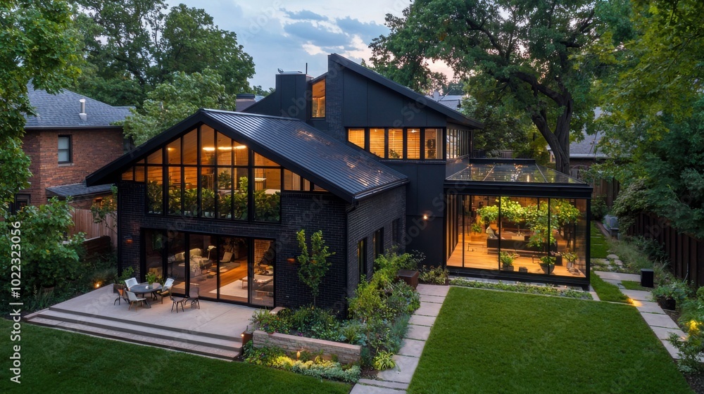 Photo & Art Print Overhead view of an L-shaped dark brick house with a ...