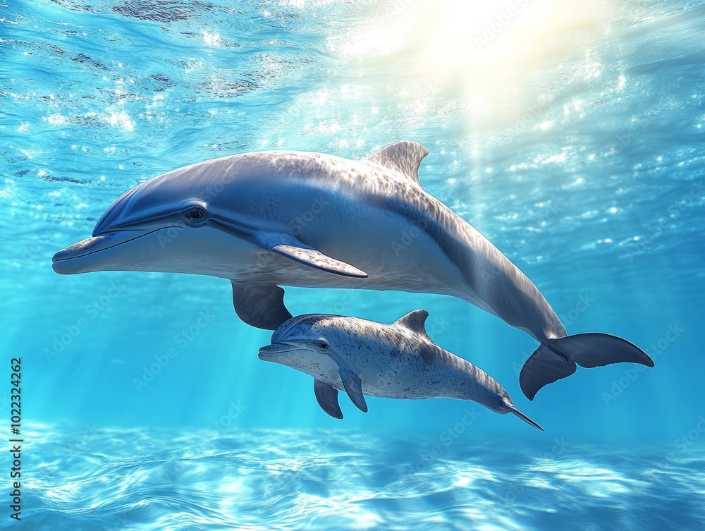 Tranquil Moment of a Dolphin Mother Guiding Newborn Calf in Clear Blue ...