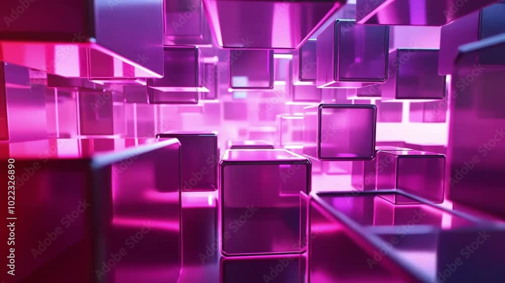 A vibrant abstract scene featuring translucent cubes in shades of pink ...