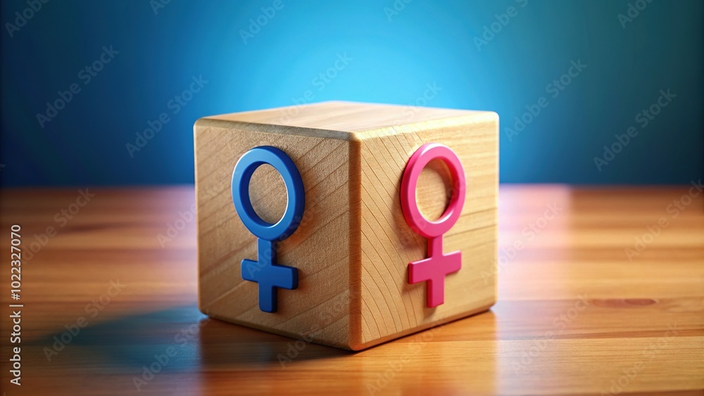 Wooden cube in 3D features male, female, and union symbols, creatively ...