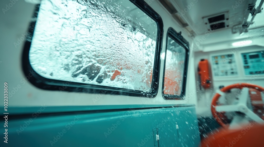 Water splashing against boat windows in stormy weather, capturing ...