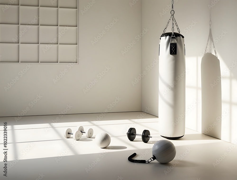 punching bag in a boxing gym. Dumbbell and boxing glove on a cream ...