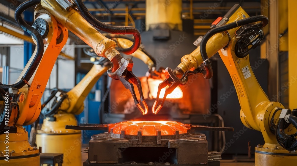 Industrial robots working in a factory, handling molten metal in a high ...