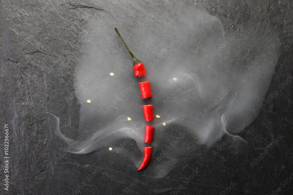 Smoking Red hot birds eye chilli pepper chopped sliced seeds on black ...