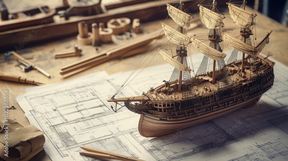 ship model on a table, with blueprints and drafting tools in the ...