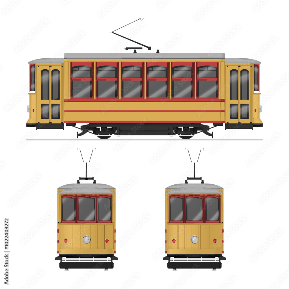 Vintage city tram public transportation urban train front side back ...