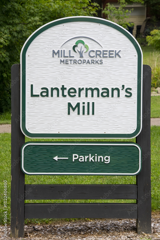 Sign of historic Lanterman's mill, stone ground flour mill at Mill creek Metroparks in ...
