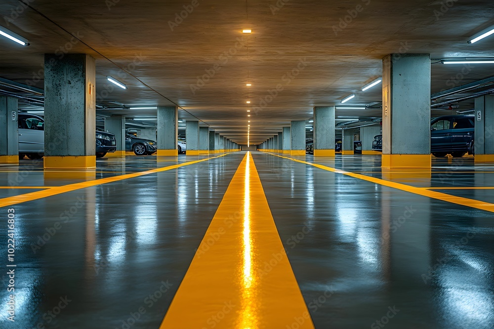 A indoor parking garage with rows of parked cars. A line of vehicles ...
