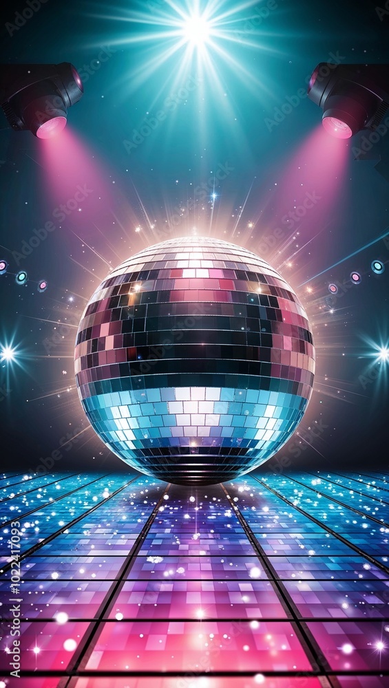 Disco ball and glittering dance floor background for invitation or card ...