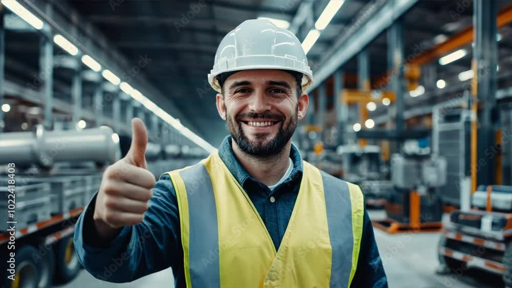 A cheerful factory worker wearing a hard hat and safety vest, giving a ...