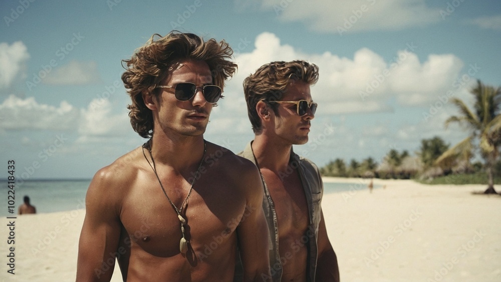 two handsome vintage men on the beach - beautiful friends on the beach ...