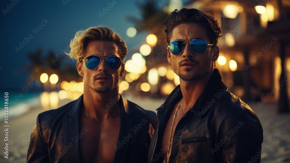 stylish guys o the beach. - two handsome men on the beach - beautiful ...