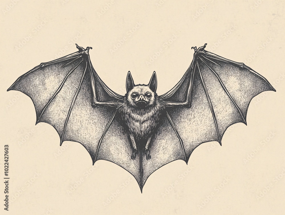 2408 36.A vintage hand-drawn bat in black ink, featuring detailed wings ...