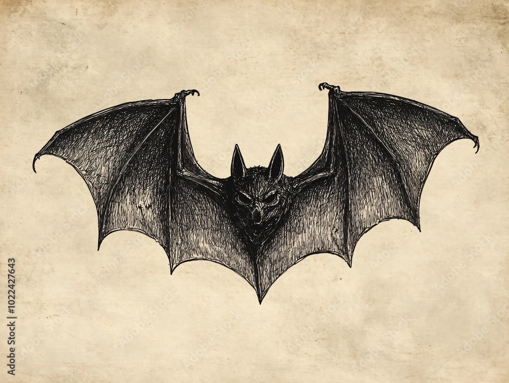 2408 36.A vintage hand-drawn bat in black ink, featuring detailed wings ...