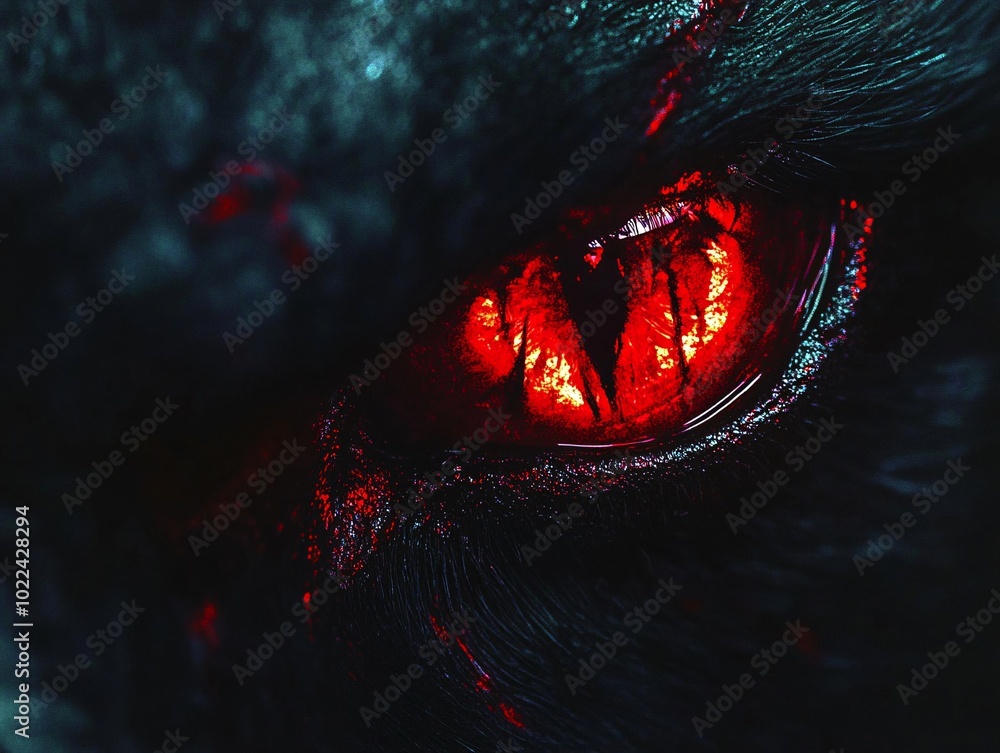 2408 51.A pair of glowing red monster eyes piercing through the pitch ...