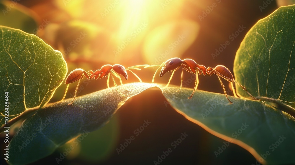 Ants working together to bridge a gap between two leaves, emphasizing ...