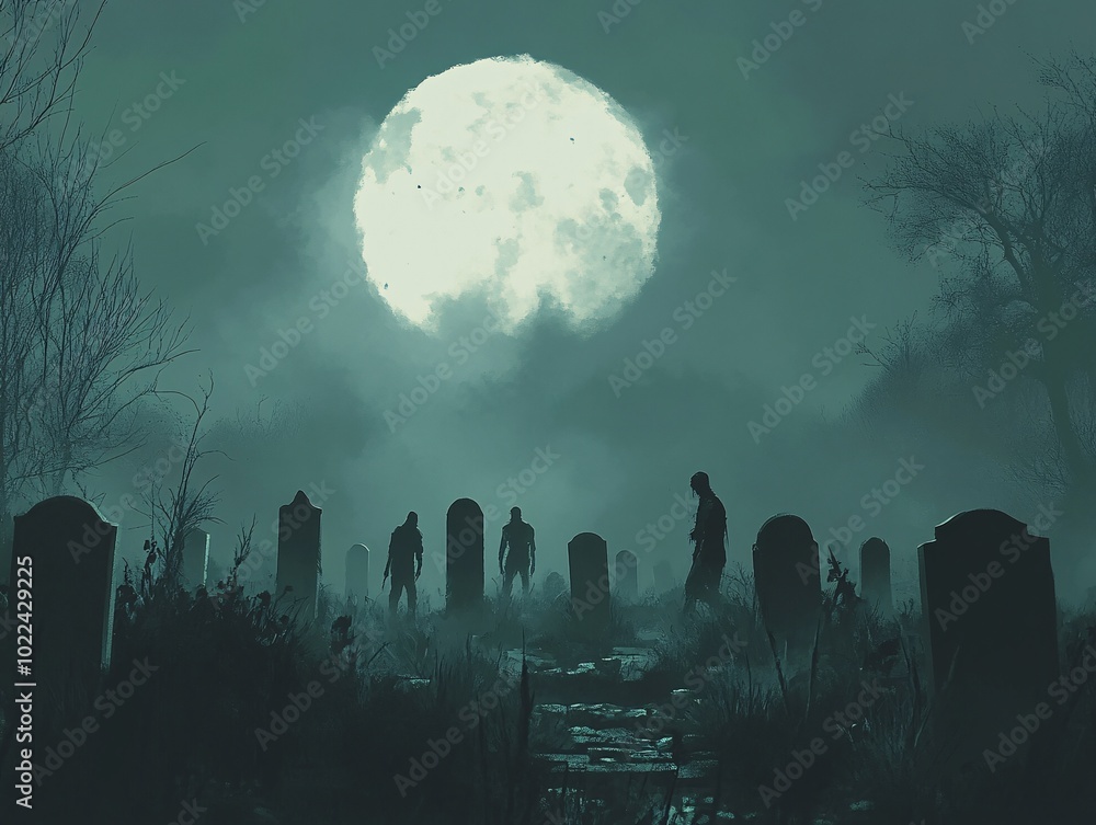 2408 67.A chilling cemetery at night, filled with walking zombies ...