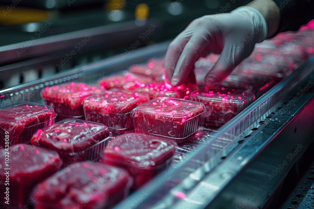 Meat Factory Worker Handling Raw Meat on Conveyor Belt for Packing at ...