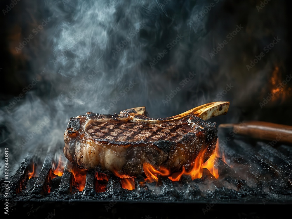Closeup of a mediumrare tomahawk steak on a grill, with visible sear ...