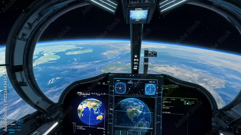 Camera flying around a futuristic spaceship cockpit with a view of ...