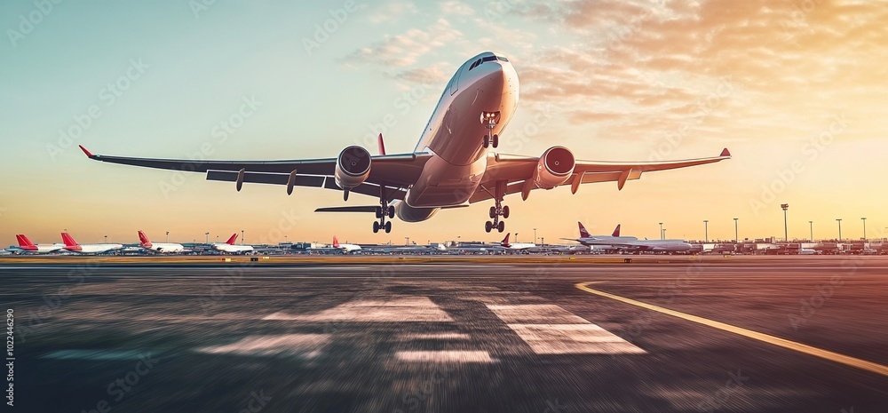 Realistic photo of an airplane taking off from an airport runway with ...