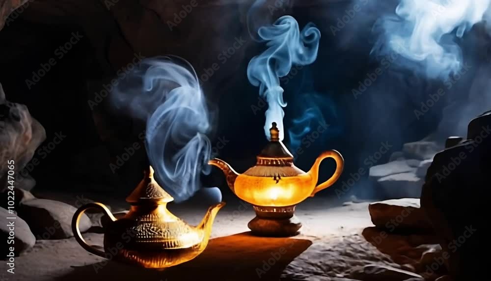 two classic Middle Eastern lamps are in a cave with little light and ...