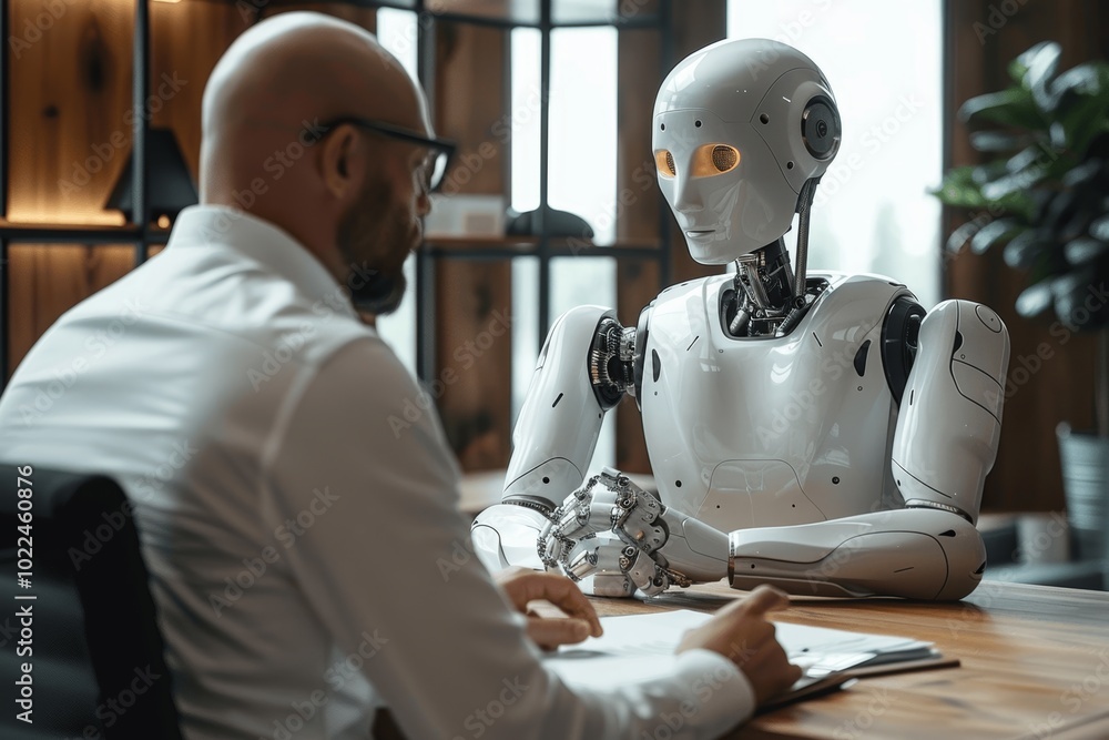 Futuristic Job Interview: AI Robot Hiring Human Employee in Modern ...