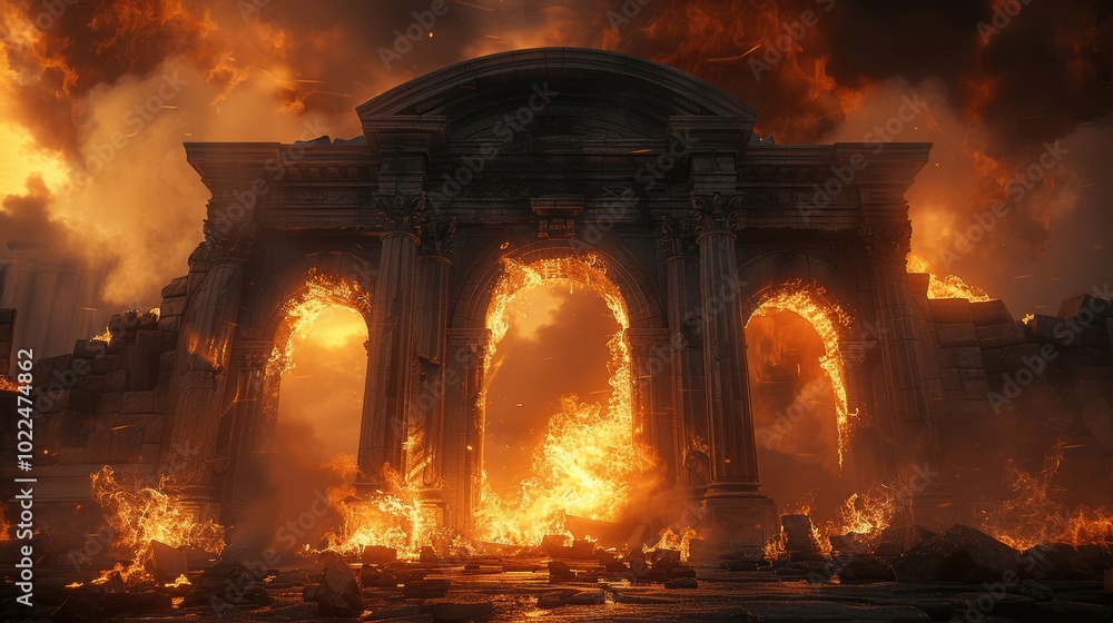 Burning Arches of Hell Ancient Stone Gate with Flames Fantasy Horror ...