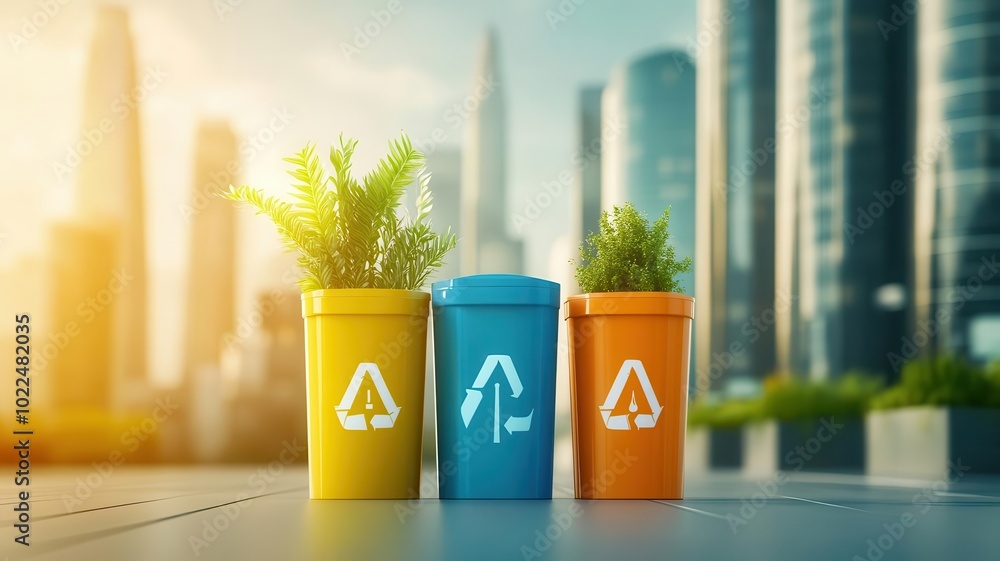 Smart waste management system with AI-enabled recycling bins in a modern eco-city close up on ...