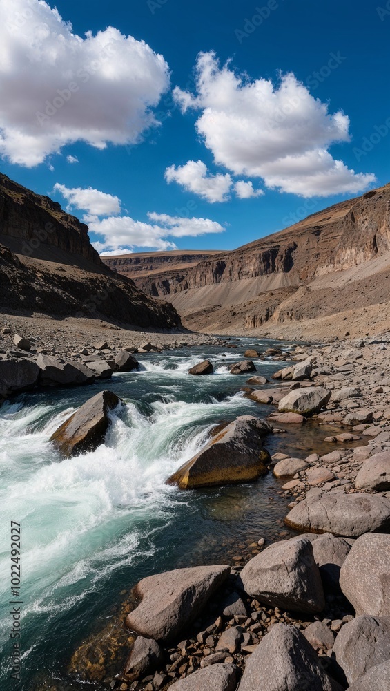 Rocky riverbed with fast moving water under a blue sky background for ...