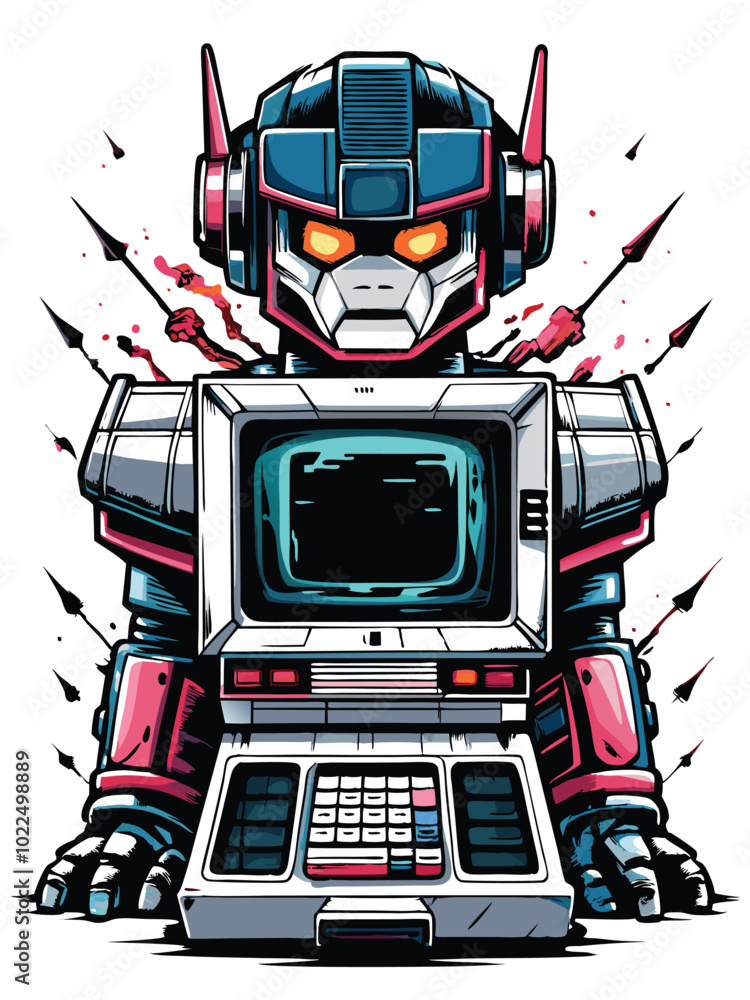 Retro 80s computer transformed into a robot with a screen and keyboard ...